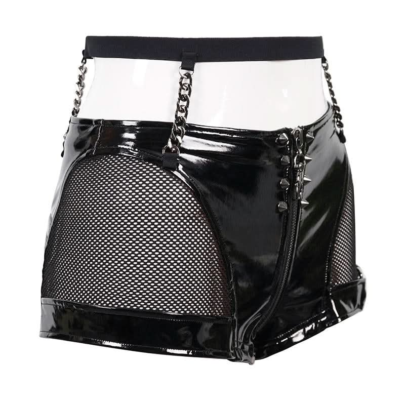 'Erotic City ' PU Leather Shorts with Mesh Panels and Metal Embellishm ...